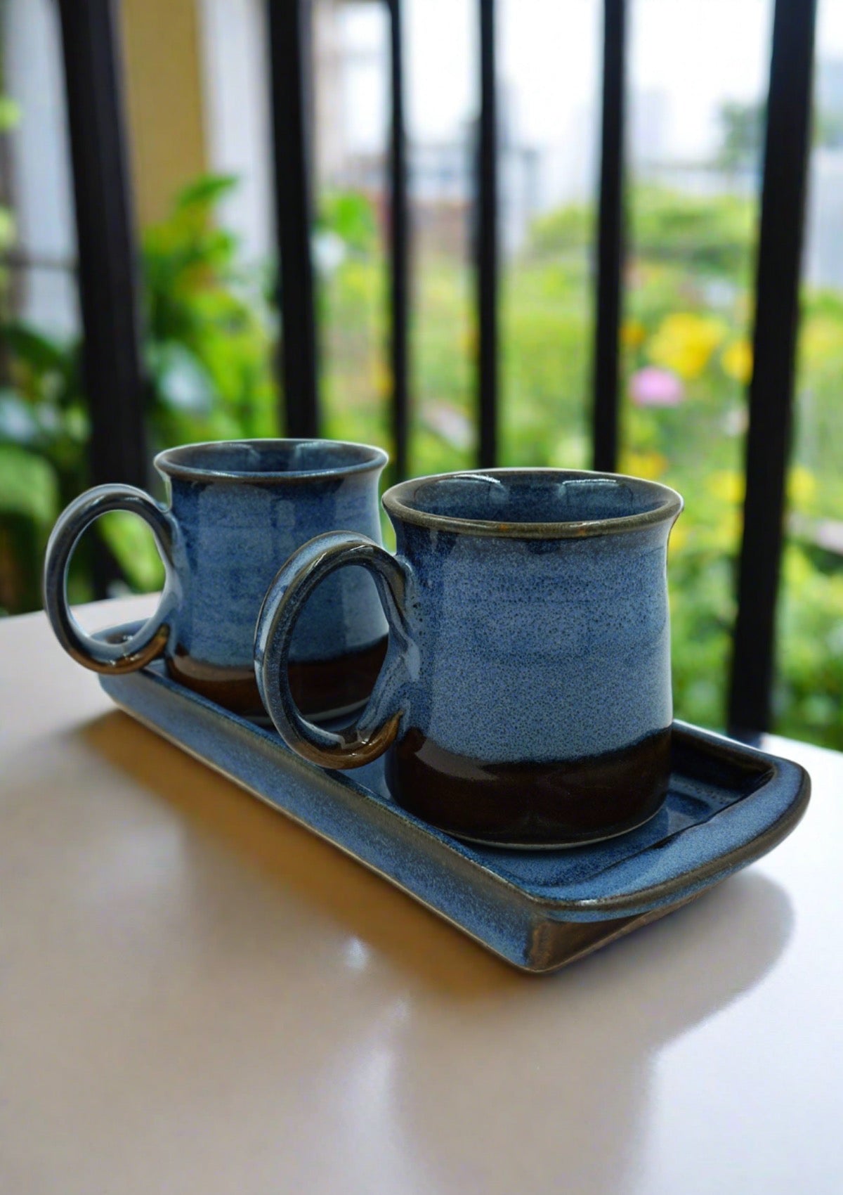 Handcrafted Ceramic Two-Cup Tray Set | IshqMe